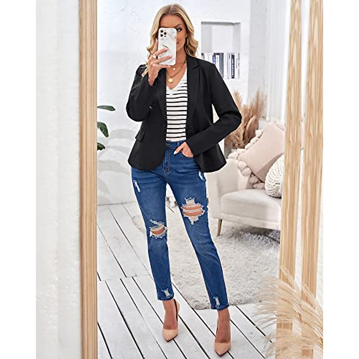 LookbookStore Jackets Casual Blazers for Women Fashion 2023 Black Jacket Suit Notched Lapel Work Office Jacket Suit 2023 Office Clothes Size Medium Women Blazer Size 8 Size 10