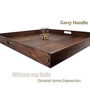 MAGIGO 28 x 28 Inches Extra Large Square Black Walnut Wood Ottoman Tray with Handles, Serve Tea, Coffee Classic Wooden Decorative Serving Tray