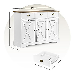 4 EVER WINNER Coffee Bar Cabinet, 47” Kitchen Buffet Storage Cabinet with 3 Drawers & 3 Barn Doors, Farmhouse Buffet Cabinet with Storage Server Console Table for Entry Dining Room, White
