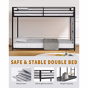 Twin Over Twin Bunk Bed - LifeSky Metal Low Profile Bunkbed with Side Ladder Black