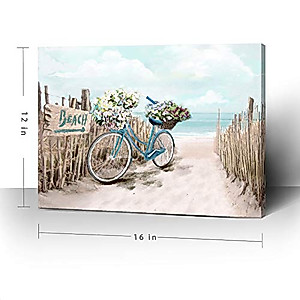 Beach Canvas Wall Art for Bathroom Ocean Pictures Seaside Bicycle Canvas Print Seascape Painting Framed Teal Aqua Blue Calming Shoreside Artwork for Modern Coastal Themed Lake Home Bedroom Décor Ready to Hang 12x16inch