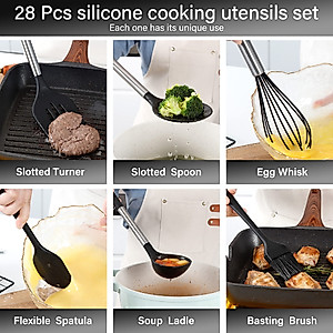QMVESS Silicone Kitchen Utensil Set, 28 Pcs Non-Stick Cooking Utensils Set with Holder, Tongs, Spatula, Whisk, Measuring Cups and Spoons Set with Stainless Steel Handle Kitchen Gadgets (Black)