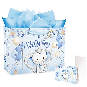 Mpanwen 16" Large Baby Boy Gift Bag for Boy, 3D Making Blue Elephant Theme Baby Gift Bag with Tissue Paper and Greeting Card