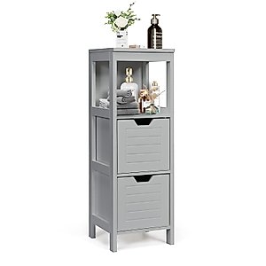 COSTWAY Bathroom Storage Cabinet, Freestanding Wooden Side Storage Cabinet with 2 Adjustable Drawers, Space-Saving Floor Cabinet for Living Room Bathroom Bedroom Entryway (Grey)
