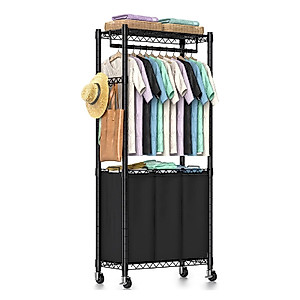Hodonas Rolling Laundry Basket Organizer with Wheels and Hanging Bar, Laundry Hamper Cart Laundry Sorter 3 Section, Dirty Clothes Hampers for Laundry Bedroom Bathroom w/ 3 Removeable Bags, Black