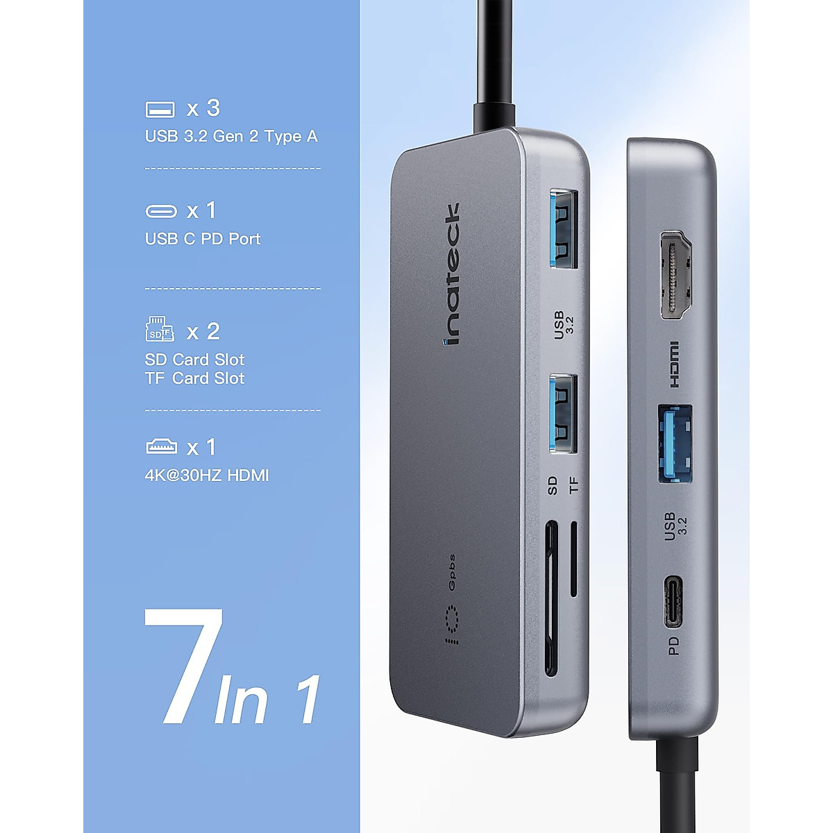Inateck USB C Hub with 7 Ports, USB 3.2 Gen 2 Speed, 1.6ftcm Cable, HB2027