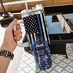 Hyturtle Police Gifts Personalized Thin Blue Line Tumbler US Flag Police Academy Graduation Gifts for Men Cops Officer Retirement 40 Oz Tumbler With Lid And Straw