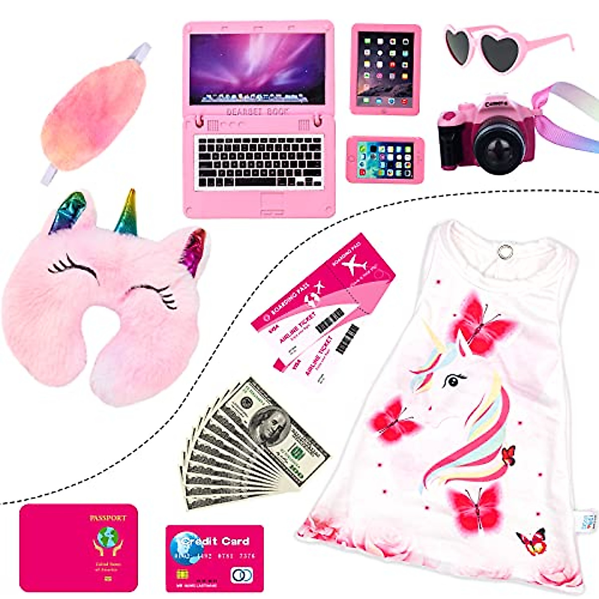 BDDOLL 18 Inch Girl Doll Clothes Accessories Travel Play Set Including Suitcase Luggage, Unicorn Dress, Sunglasses, Camera, Computer, Phone, Ipad,Travel Pillow fit 18 Inch Doll