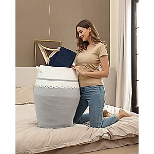 26" x 20" Tall Extra Large Storage Basket with Lid, Cotton Rope Storage Baskets, Woven Laundry Hamper with Cover, Toy Storage Bin, for Toys Blanket in Living Room, Baby Nursery, White/Grey