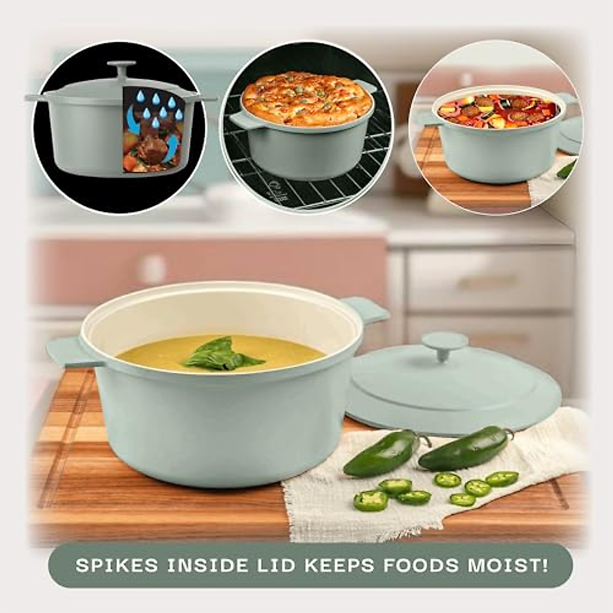 Gotham Steel 5 Qt Dutch Oven Pot with Lid, Nonstick Ceramic Dutch Oven Stock Pot, 10 in 1 Cooking Pot & Dutch Oven for Bread Baking, Stovetop Oven & Dishwasher Safe, Sage Green