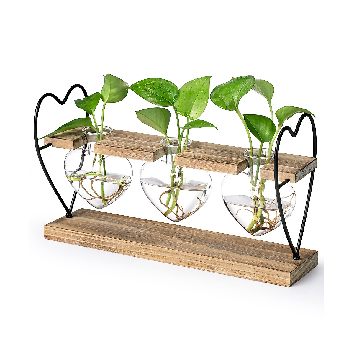 Sapowerntus Heart Propagation Stations, Cute Plant Terrarium Wooden Stand Love Glass Vase, Hydroponic Air Plants Desk Office Garden Mother Gift Decor for Women Plant Lover, 3 Heart Vase