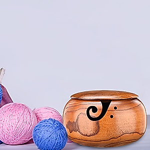 LPAYOK Wooden Yarn Bowl, Knitting Yarn Bowls with Lid, Holes, Crochets, Round Bowl Holder Handmade Yarn Storage Bowl Perfect for DIY Craft Knitting Crocheting 6.3x3.7