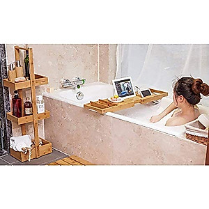 Bamboo Bathtub Caddy Tray, Expandable Bath Tray for Luxury Bath, Wooden Tub Tray with Reading Rack or Tablet Holder, Phone & Wine Glass Holder