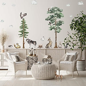 68in X-Large Pine Tree Safari Animals Wall Decals Woodland Nursery Wall Decor Watercolor Forest Animal Wall Decal Peel and Stick Deer Birds Owl Wolf Stickers for Kids Room Wall Art Baby Nursery Decor