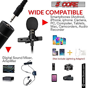 5 CORE Premium Lavalier Microphone Lapel Clip-on Mini Wired Omnidirectional Condenser Mic for Podcasting, Recording, Vlogging, Android, Smartphone, DSLR, Camera, Computer, Laptop