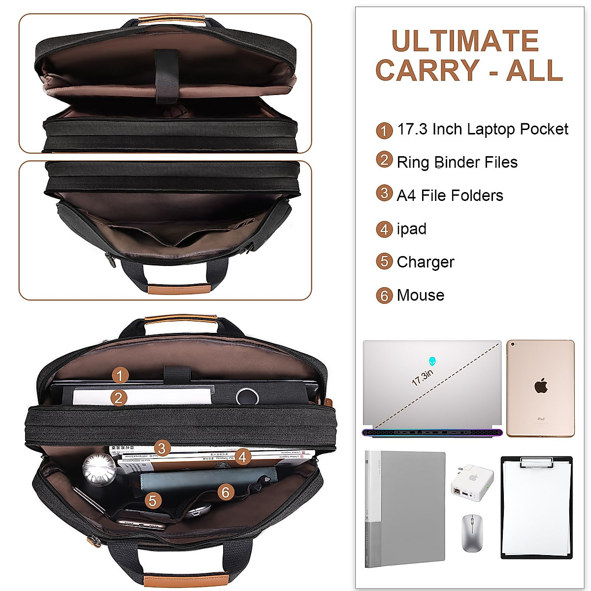 ESTARER 3 In 1 Laptop Bag for Men, 17-17.3 Inch Computer Bag Laptop Backpack for Work/Travel/Business, Convertible Briefcase Water Resistant Canvas Messenger Bag (Dark Grey)