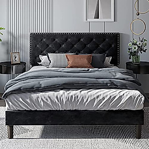 HOMBCK Upholstered Bed Frame Queen with Button Tufted Headboard, Queen Bed Frame No Box Spring Needed, Under Bed Storage, Wooden Slats Support, Noise-Free, Easy Assembly, Black