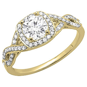 Dazzlingrock Collection 14K Round Moissanite & White Diamond Women Split Shank Halo Engagement Ring, Yellow Gold, Size 6.5