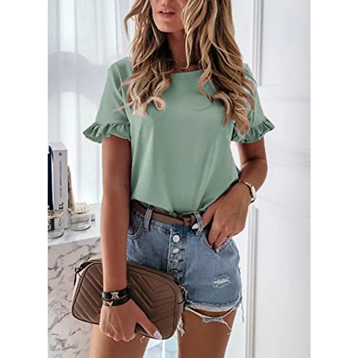 PRETTYGARDEN Women's Short Sleeve Casual T Shirts Summer Ruffle Plain Round Neck Loose Fit Tee Blouse Tops (Green,Small)