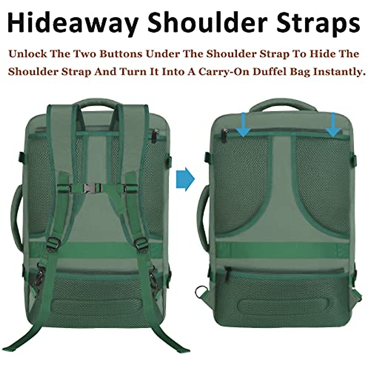 Carry on Bag, 50L Travel Bag Flight Approved Travel Backpack with 3 Packing Cubes Weekender Bags for Women Men Hiking Backpack Water Resistant Rucksack Casual Daypack Traveling Essentials, Green