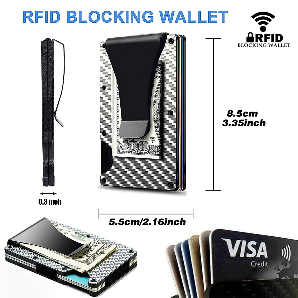 YHF RFID Blocking Money Clip Wallets for Men & Women - Minimalist Wallet Credit Card Holder/Organizer - Carbon Fiber Wallets Slim Ideal Gift For Mens Women(Silver)