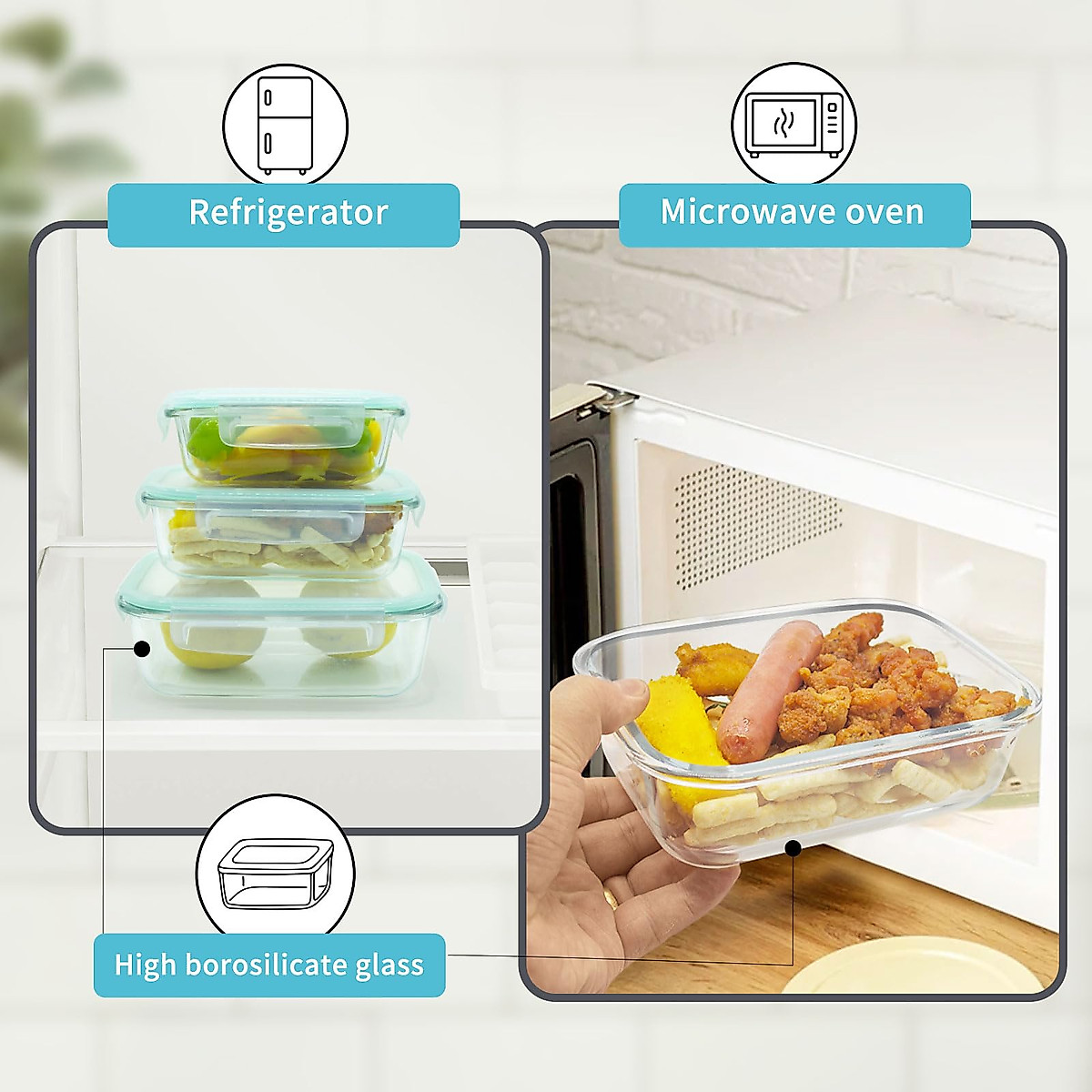 Pmssypl 3 Piece Glass Food Storage Container Set Sealed Reusable Pantry Kitchen Storage Container Glass Lunch Prep Container Lunch Box, Microwave, Refrigerator and Dishwasher.