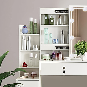 Makeup Vanity Table Set with Mirror and Lights, Vanity Desk with Power Strip, Dressing Table Set with 4 Large Drawers, White