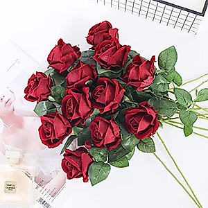 12 PCS Artificial Roses Flowers Silk Velvet Realistic Blossom Rose Long Stem Bouquets for Home Wedding Party Decoration(Burgundy)