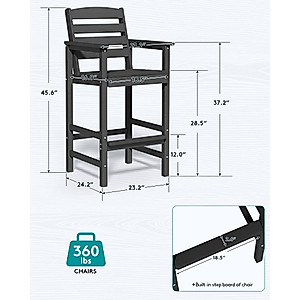 SERWALL Tall Adirondack Chairs Set of 2, Weather Resistance Outdoor Bar Stools, Black