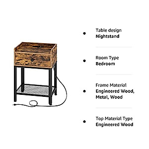 Rolanstar Nightstand with Charging Station and USB Ports, Rustic End Table with Drawer and Metal Shelf for Bedroom, Living Room, Rustic Brown