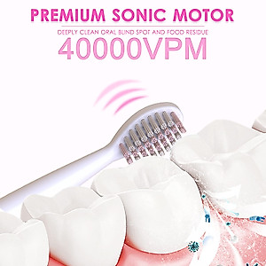 Chain Peak Sonic Electric Toothbrush for Men and Women, Rechargeable Smart Toothbrush with 6 Modes, 6 Brush Heads, 40000VPM, with Holder, Pink and White
