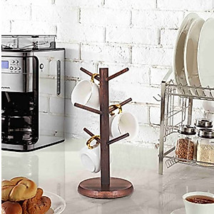 Dorhors Coffee Mug Holder,Coffee Mug Tree,Coffee Organizer Station with 6 Hooks,Wood Coffee Mug Holders for Counter,Coffee Bar Accessories and Decor,Walnut