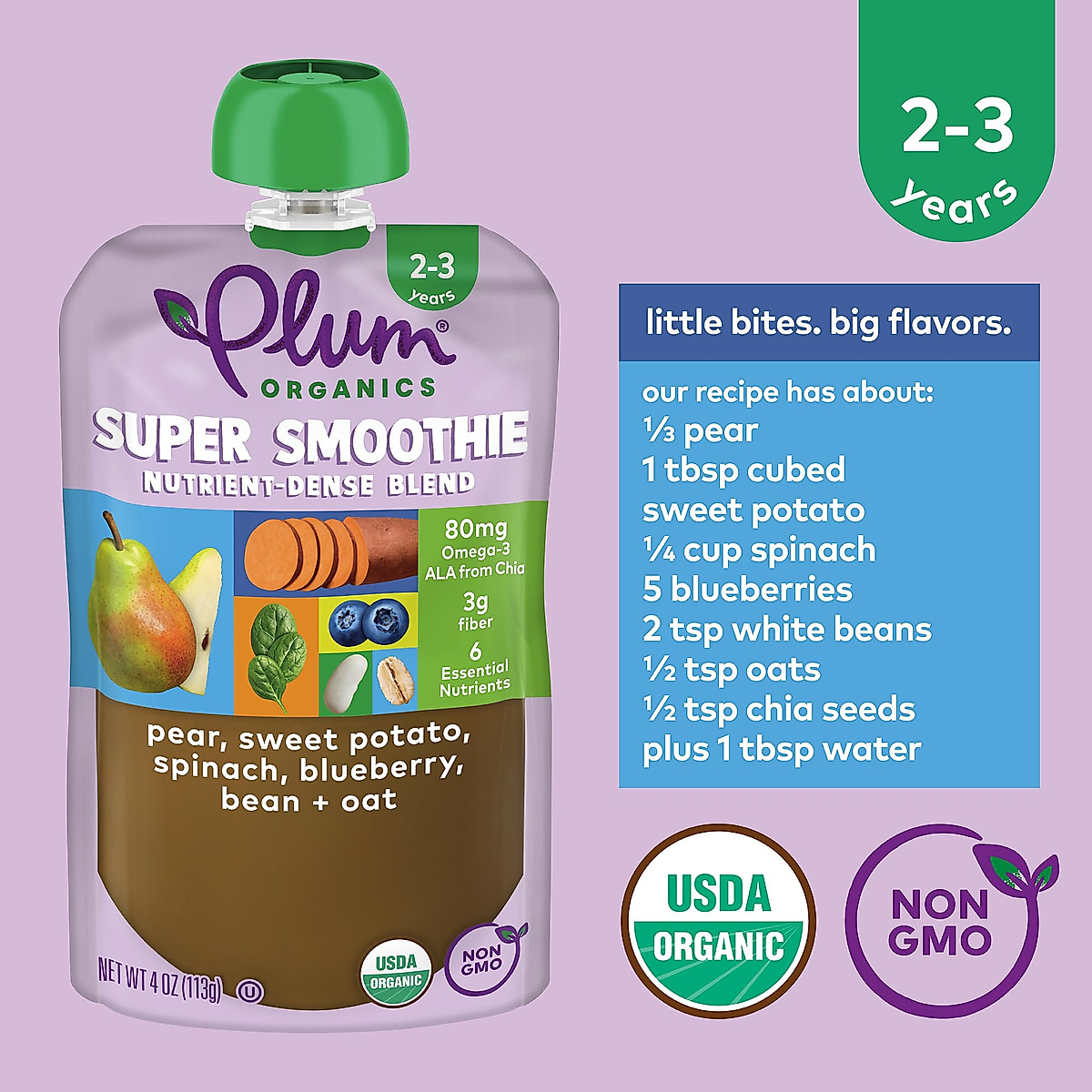 Plum Organics Super Smoothie Organic Toddler Food - Pear, Sweet Potato, Spinach, Blueberry, Bean, and Oat - 4 oz (Pack of 4)