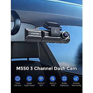 AZDOME M550 Dash Cam 3 Channel, Built in WiFi GPS, With 64GB Card, Front Inside Rear 1440P+1080P+1080P Car Dashboard Camera Recorder, 4K+1080P Dual, 3.19" IPS, IR Night Vision, Capacitor, Parking Mode