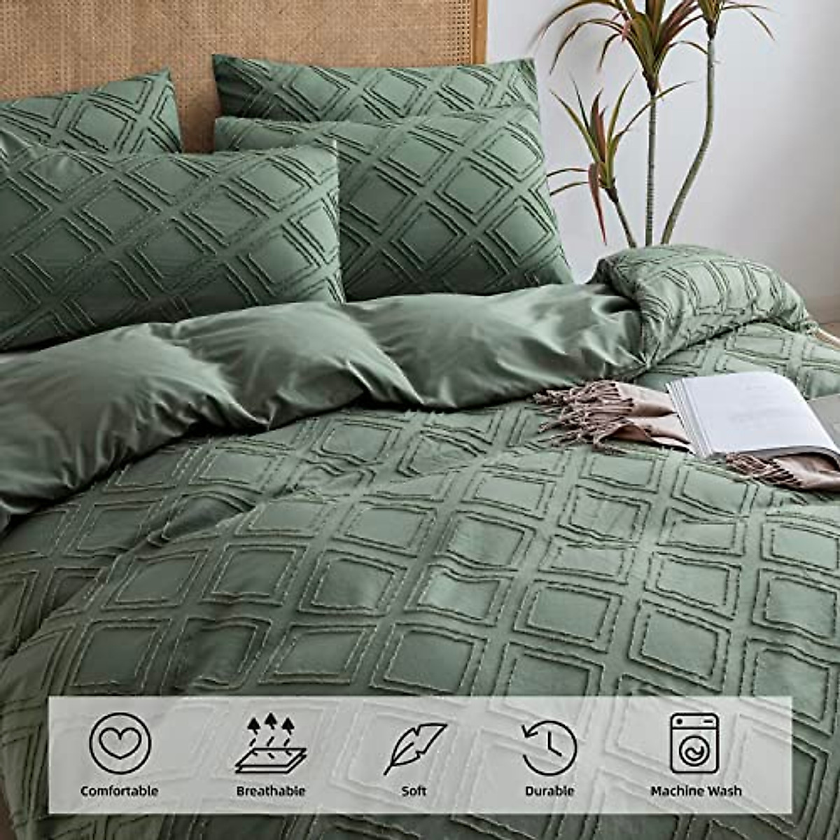 JELLYMONI Green Duvet Cover Twin Size - 3 PCS Microfiber Tufted Duvet Cover Set, Boho Textured Duvet Cover Jacquard Rhombus Geometric Pattern Duvet Cover with Corner Ties & Zipper Closure