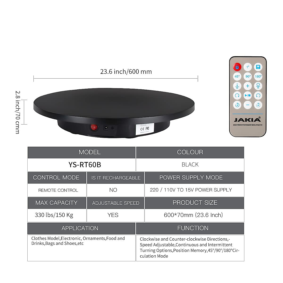 JAKIA Photography Turntable [Metal Cover] Heavy Loading 360 Degree Rotating Display Stand Remote Control 23.6 Inch/60 cm Diameter 330 lbs/150 Kg Loading Black Show Party Christmas Decoration