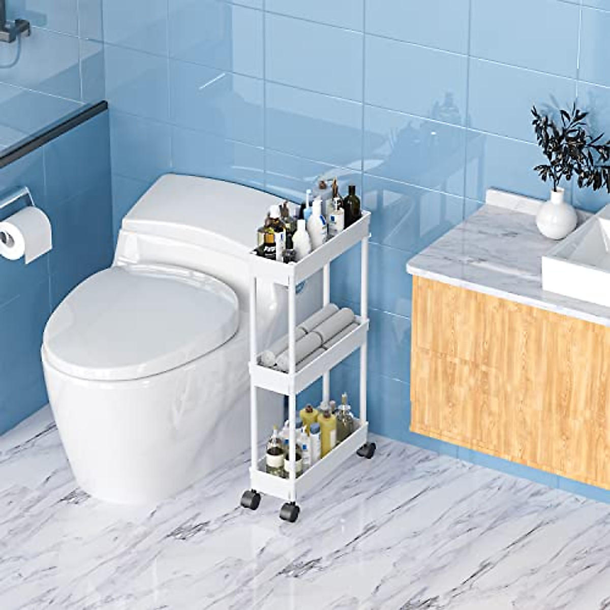 Sooyee 3 Tier Rolling Cart with Wheels,Slim Storage Cart,Narrow Storage Cabinet,Under Desk Storage,Rolling Utility Cart Storage Organizer for Office Bathroom Kitchen Laundry Room Narrow Places, White