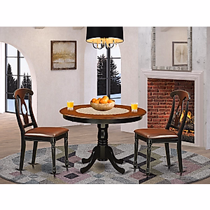 East West Furniture HLKE3-BCH-LC 3 Piece Kitchen Table & Chairs Set Contains a Round Dining Room Table with Pedestal and 2 Faux Leather Upholstered Chairs, 42x42 Inch, Black & Cherry