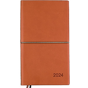 2024 Planner/Pocket Calendar 4"x7": 14 Months (Nov 2023 - Dec 2024) Weekly, Monthly Calendars, Leather Material, Elastic Closure, Decorative Stitching, Page Finder Ribbons and Notes Pages(Brown/Black)
