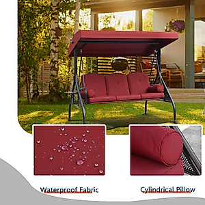NOBLEMOOD Patio Porch Swing, 3-Seat Outdoor Swing with Adjustable Canopy, Waterproof Fabric Cushion, Pillow and Foldable Side Tray for Patio, Backyard, Porch Swing Bed for Spring