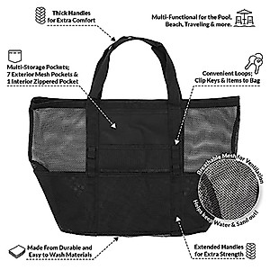 Mesh Beach Tote - Large Vacation & Travel Essentials Black Beach Bag, Foldable & Washable Lightweight Woven Summer Must Haves Swim Tote for Pool, Towels, Clothes, Food, Drinks, Necessities - 24x15x8.5