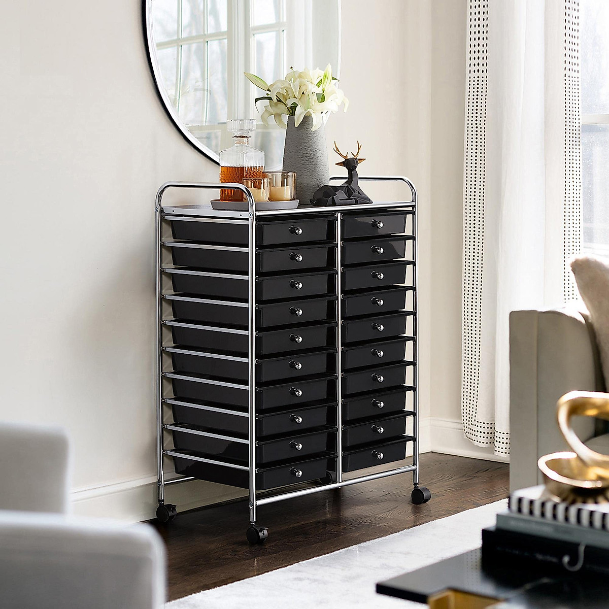 Topeakmart Utility Cart with 20 Drawers Rolling Cart Organizer Plastic Storage Drawers Craft Trolley 360 Degree Castor Wheels, Black