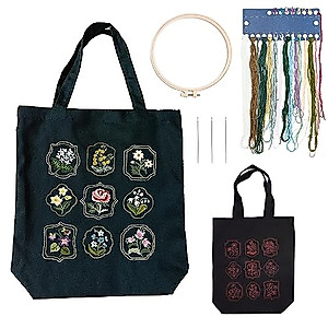 WADORN DIY Canvas Tote Bag Embroidery Kit, Flower Pattern Canvas Bag Materials Making Set DIY Embroidery Bag Cross Stitch Kits Personalized Canvas Bag Kits Include Hoops Needles for Adults, Black 1