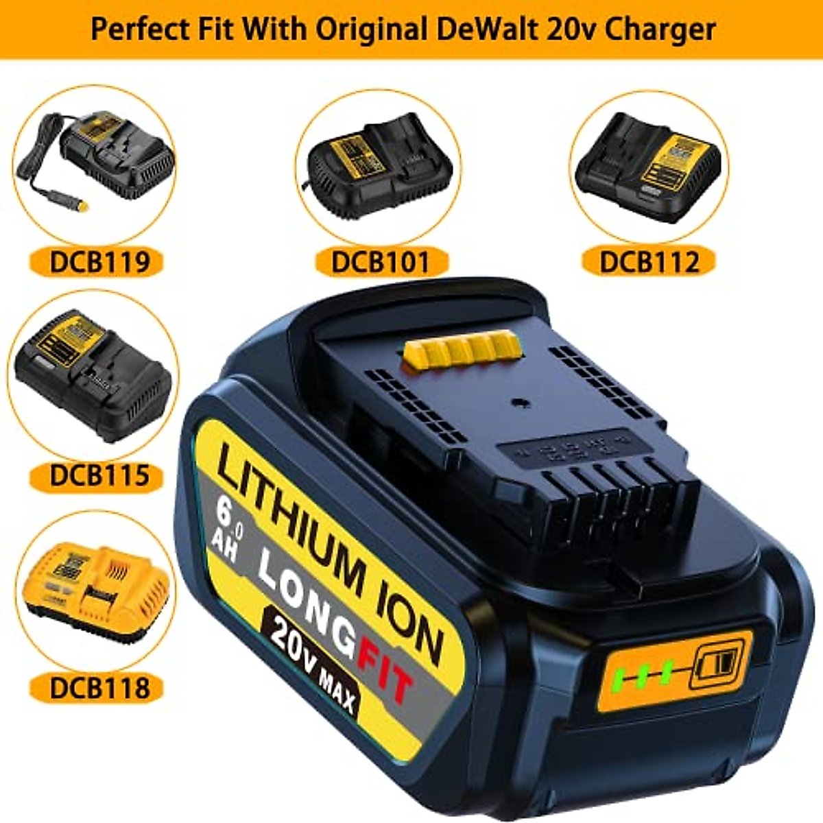 LONG FIT 2 Packs Replace for DeWalt 20v Battery 6.0Ah (DCB206), Replace for DeWalt Battery 20V Max DCB205-2 DCB206 DCB180 DCB204 DCB203 DCB20, Compatible with DeWalt 20V Cordless Power Tools