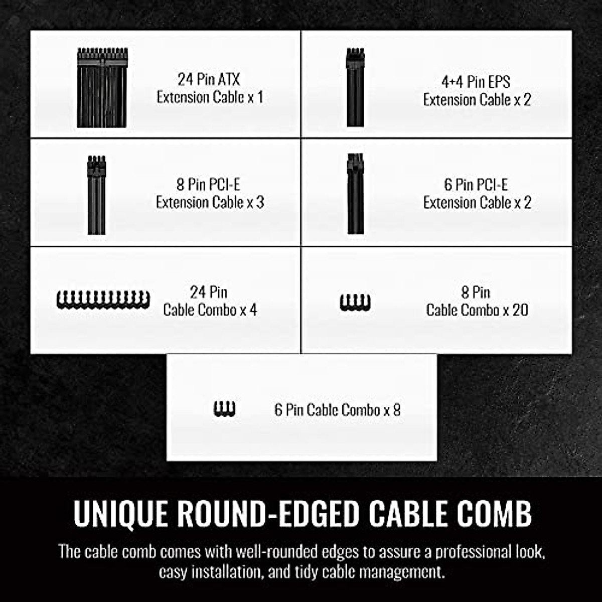 Thermaltake TtMod Sleeve Extension Power Supply Cable Kit, ATX/EPS/8-pin PCI-E/6-pin PCI-E with Combs-Black, AC-052-CN1NAN-A3