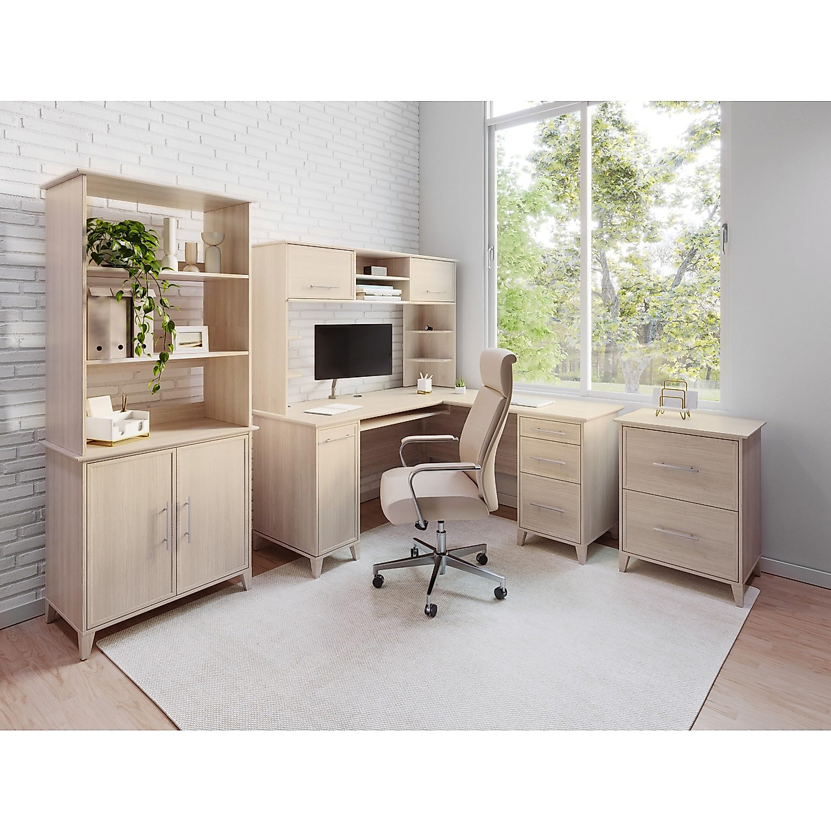 Realspace® Koru 60"W L-Shaped Corner Computer Desk with Integrated Power & Charging, Natural Oak