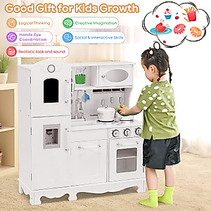 HONEY JOY Kids Kitchen Playset, Wooden Pretend Play Kitchen for Toddlers, Cookware, Phone, Storage Cabinet, Water Dispenser, Blackboard, Little Chef Toy Kitchen Set, Gift for Boys Girls 3+, White
