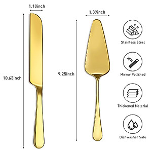GIEBYIE 2Pcs Wedding Cake Knife and Server Set, Premium Cake Cutter includes 10.63" Cake Knife and 9.25" Pie Server, Stainless Steel Cake cutting set for Wedding, Birthday, Anniversary, Gold
