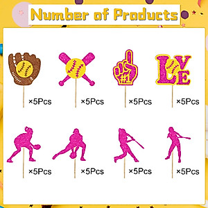Rngmsi Softball Cupcake Toppers Decorations - 40PCS Softball Party Decorations Glitter Softball Birthday Cake Decorations Pink Softball Baby Shower Decor Supplies Softball Cupcake Toppers for Girls