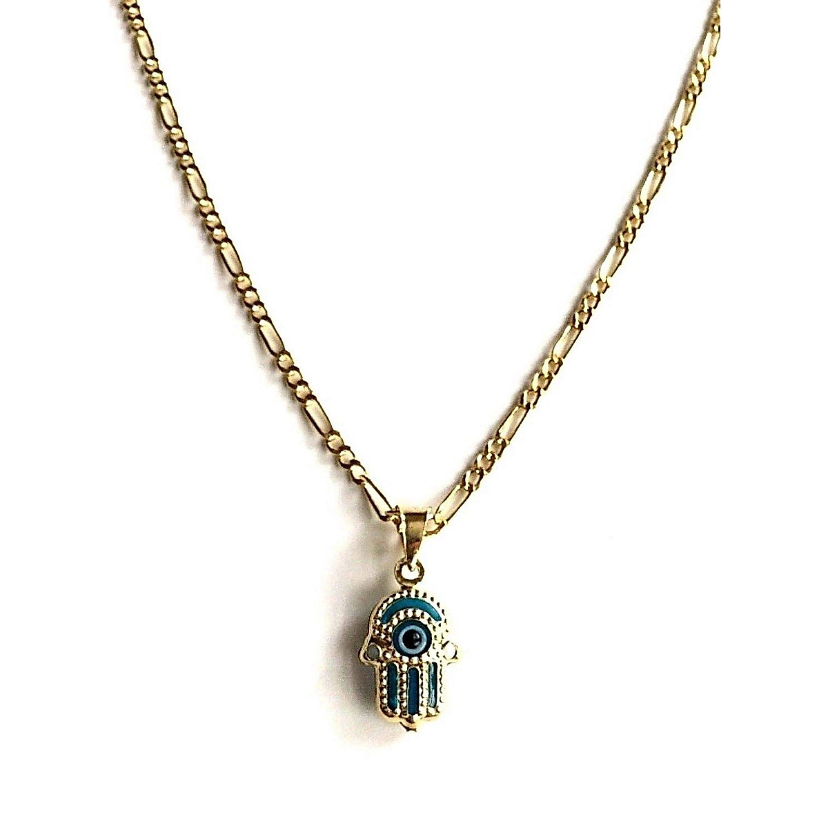 ALEX AND ELSA 14K REAL GOLD HAMSA BLUE EVIL EYE NECKLACE 18" LONG / 14K ORO PURO CADENA DE MANO Y OJO 18" LARGO
